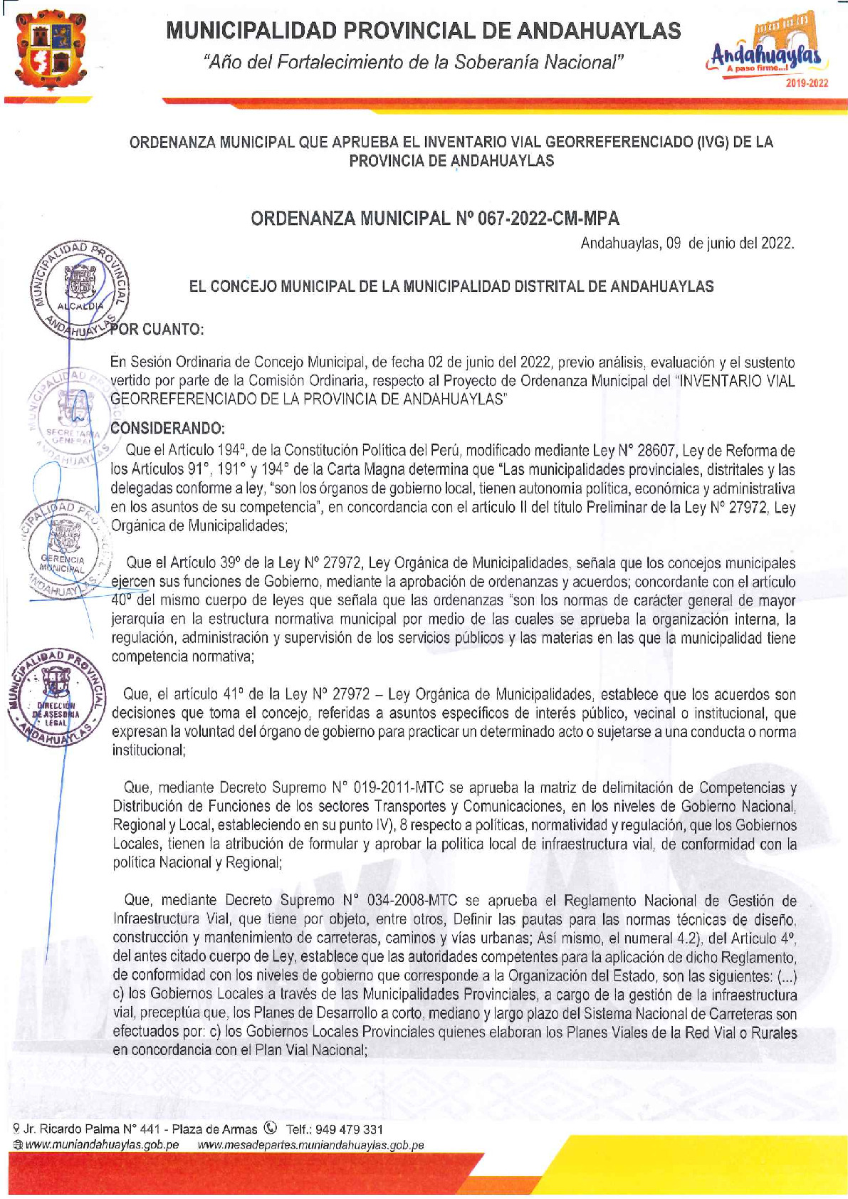 APROBAR la Ordenanza Municipal que contiene el Inventario Vial ...